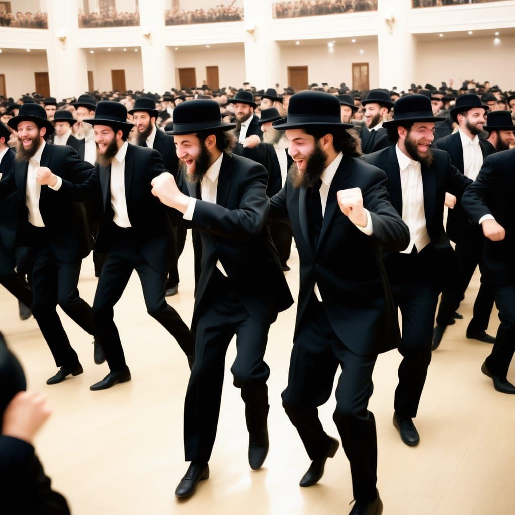 Joyful Hasidic Men Dance in Unison, Wedding Hall E... - AI Art