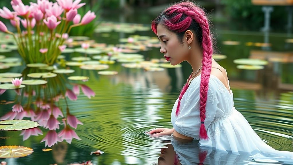 Woman with Pink Braids in Magical Pond: Dreamy Eth... - AI Art