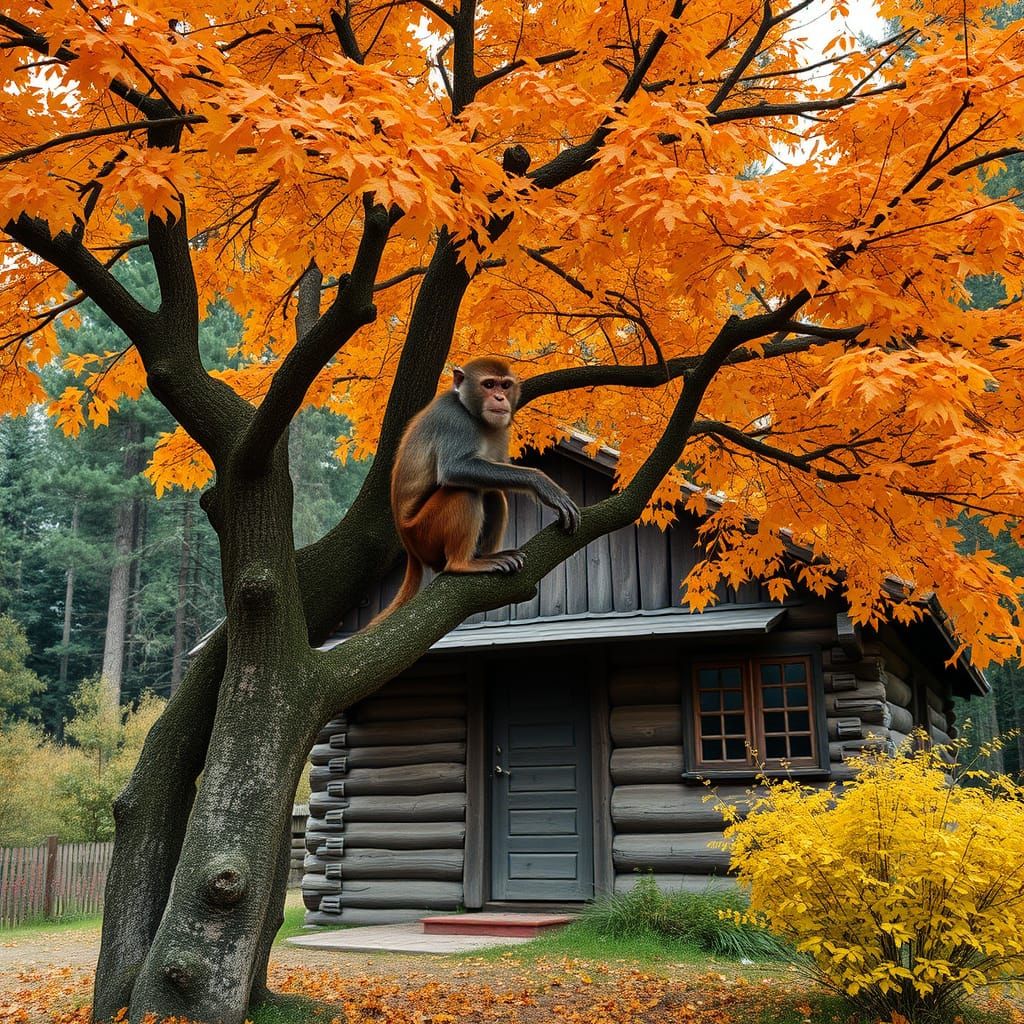 Monkey in Rowan Tree, Ancient Russian Village - AI Art