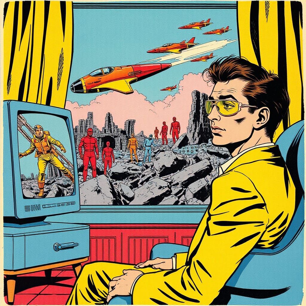 Retro-Futuristic Comic Book Hero Watches Cosmic Ch... - AI Art