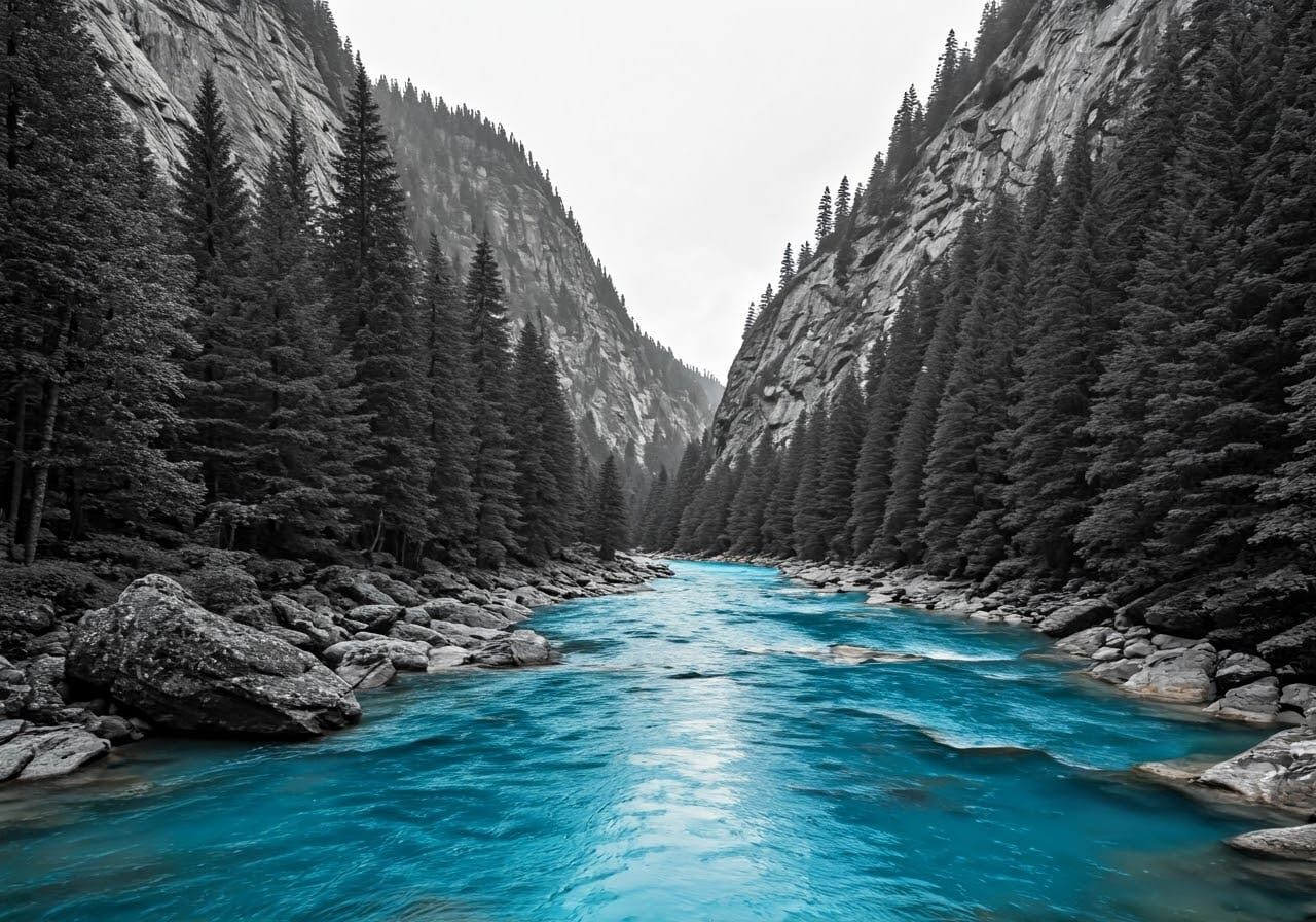 Colorized River - Ethereal Monochrome Landscape with Vibrant...