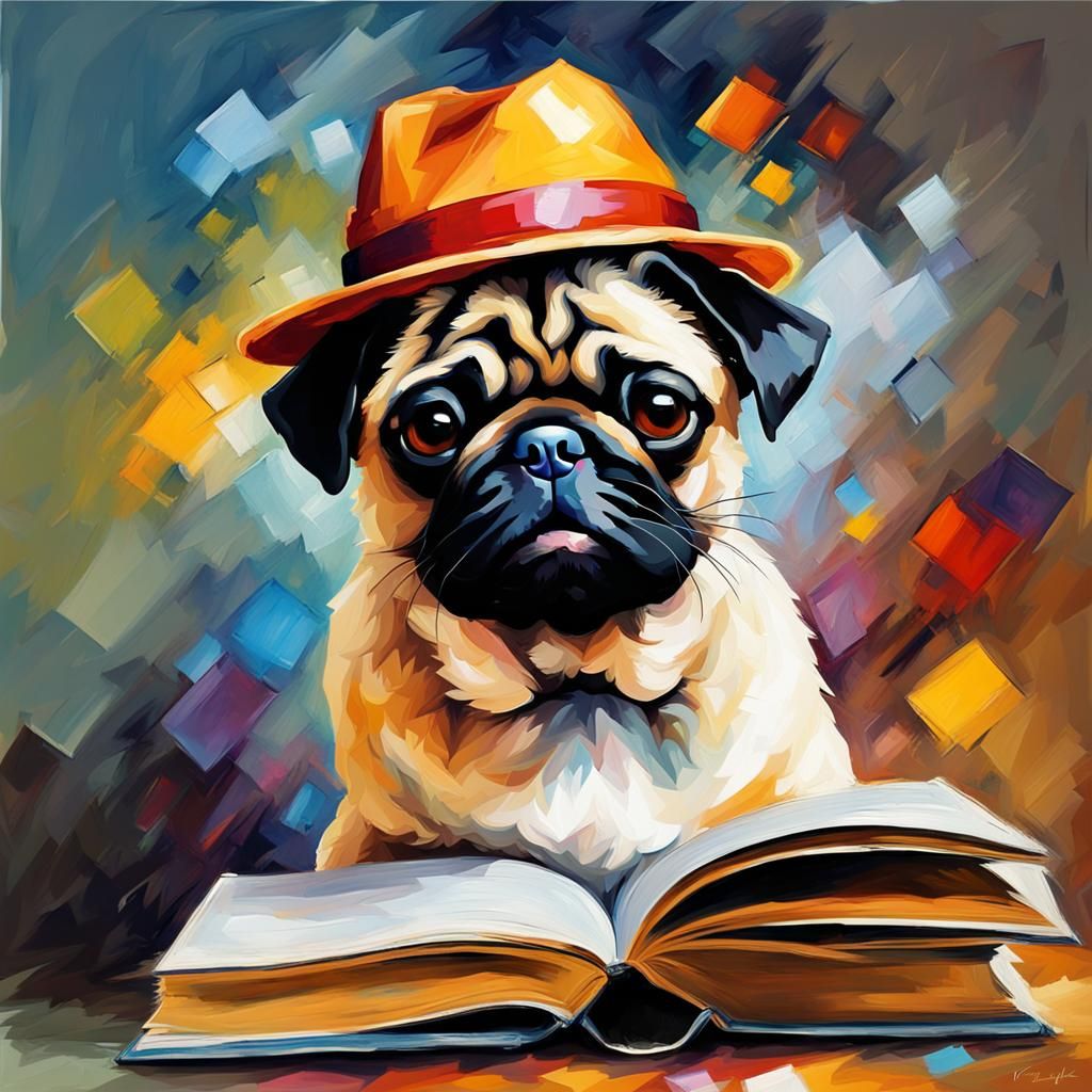 "Cute pug with hat popping out of an open book" like Leonid Afremov ...
