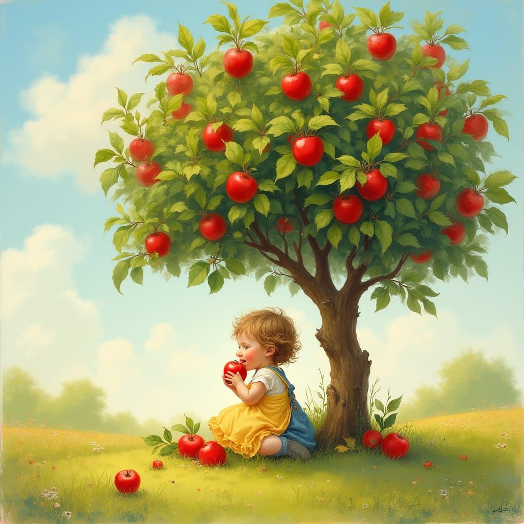 Whimsical Apple Tree Scene with Curious Child - AI Art