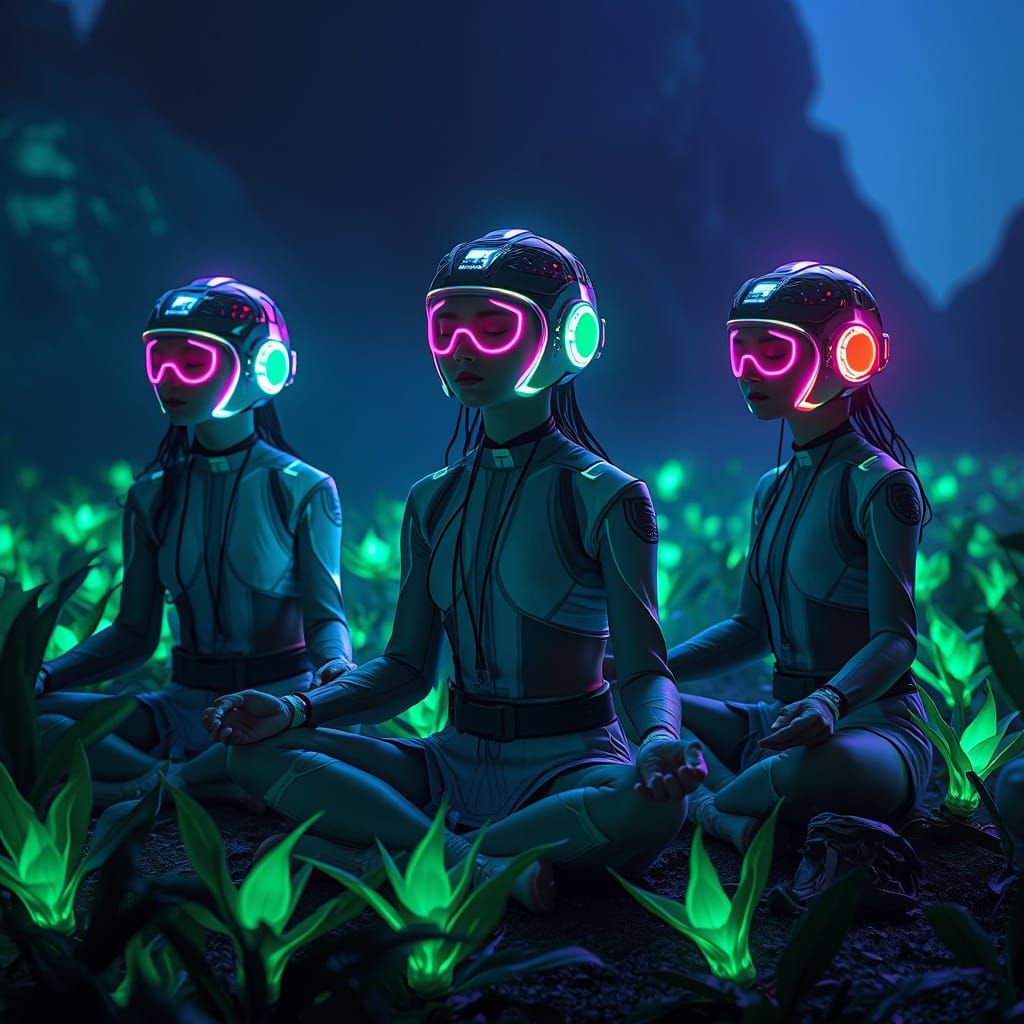 Futuristic Tribe Meditating in Bioluminescent Amaz... - AI Art
