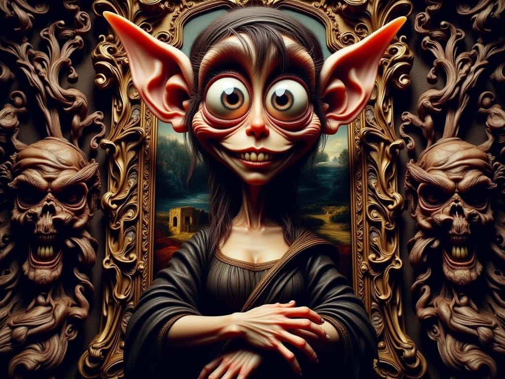 caricature of highly detailed Mona Lisa with gold edges on a regal ornate frame.