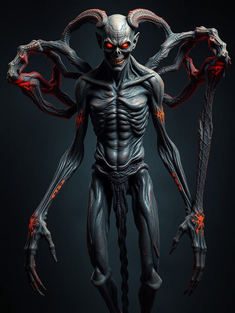 Distorted Horror Figure with Glowing Orange Eyes a... - AI Art