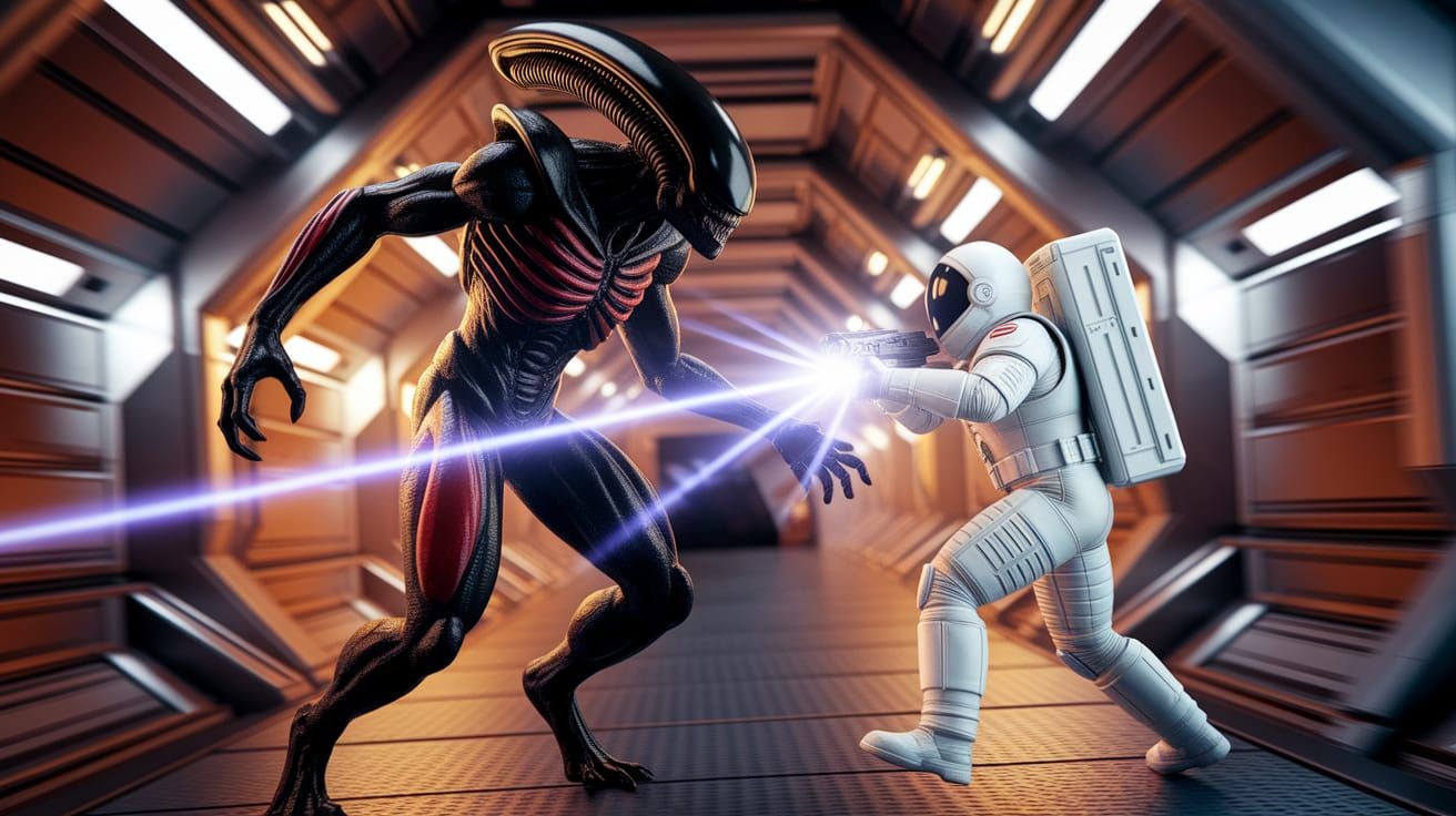 Menacing Alien Confronts Astronaut in Space Statio... - AI Art