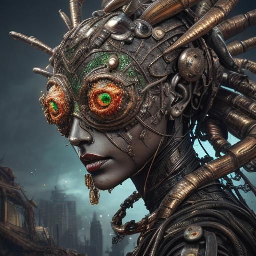 Close-up metallic mummy patched liquid and glitter sculpture with weird ...