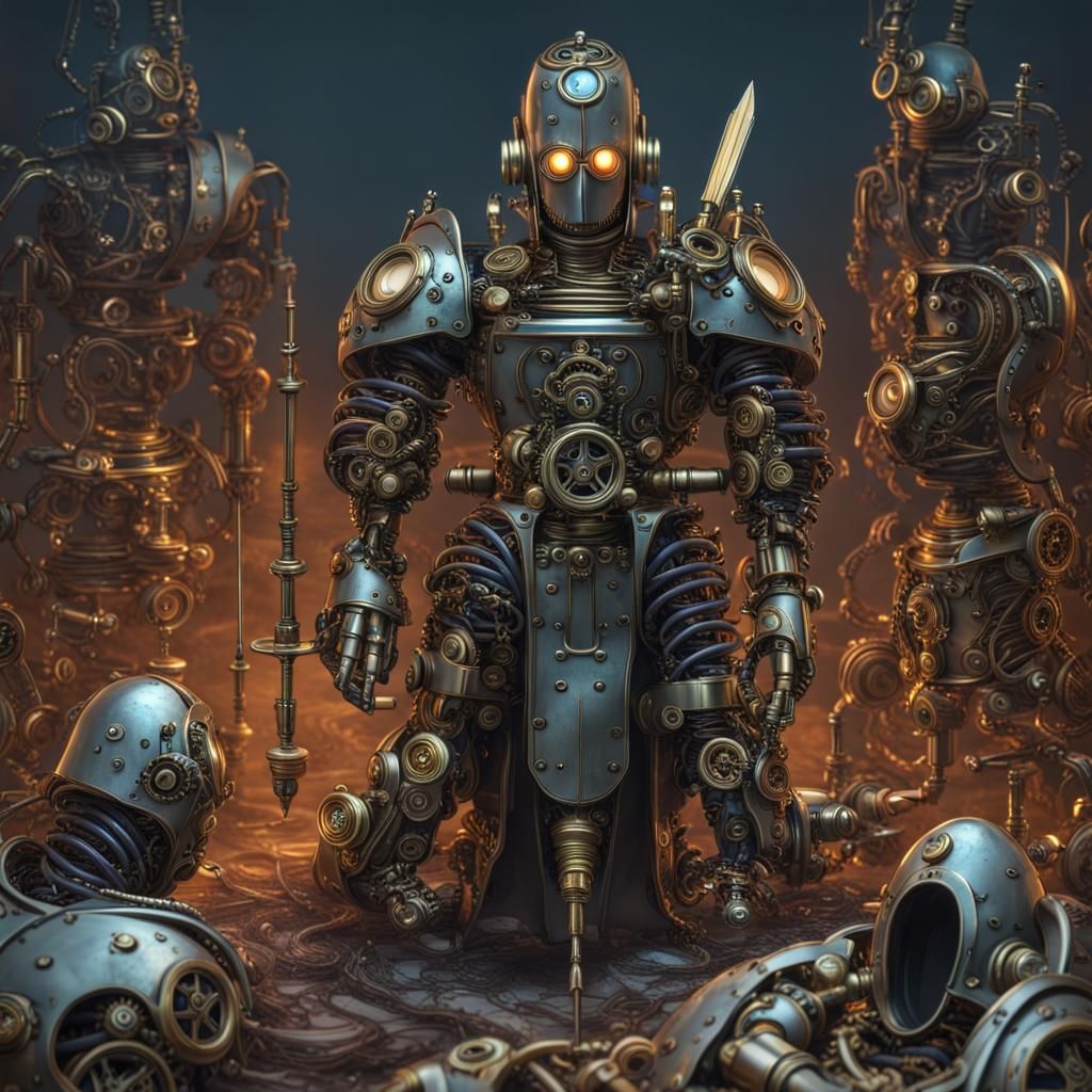 steampunk chibi robot made of polished brass gears and wires, sword ...