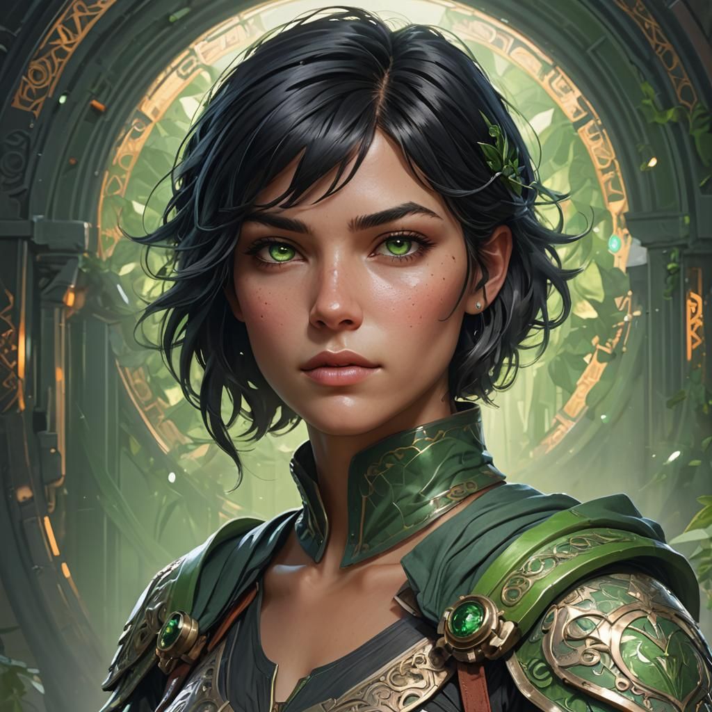 young humanoid adventurer with black short hair and green kind eyes ...