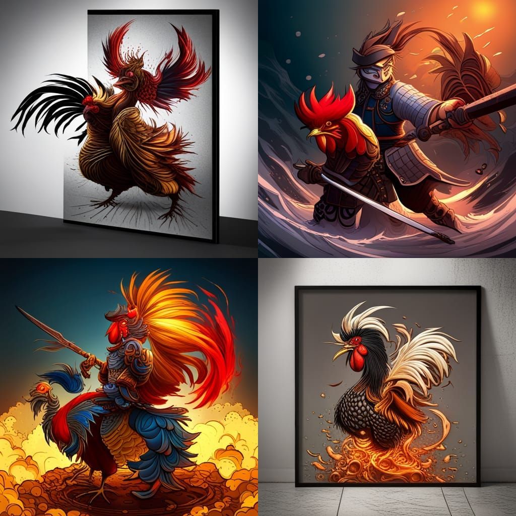 samurai rooster fighting for life, pop art, splash screen art, digital ...