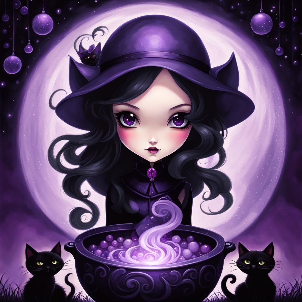 Digital illustration of an Adorable anime chibi witch girl with ...