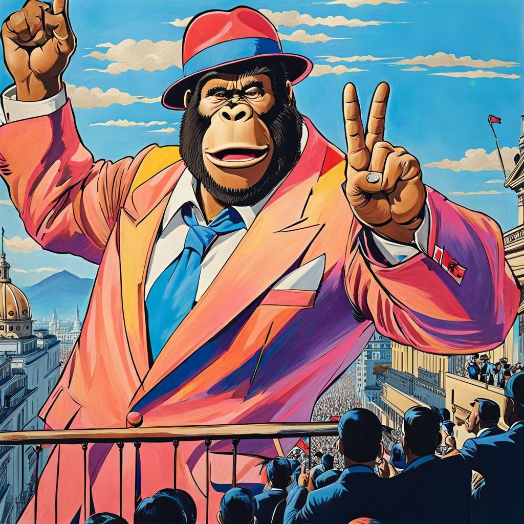 peronist king kong in salmon tuxedo, giving a speech to a crowd from ...