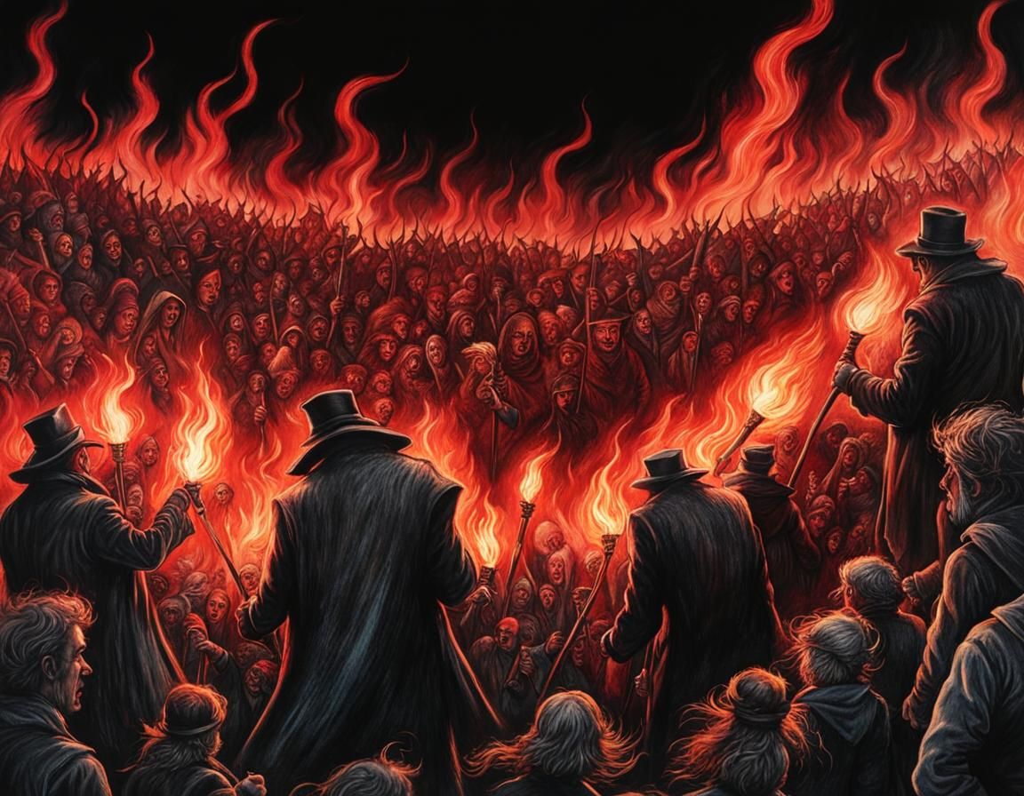 Angry crowd with torches chasing a monster up a hill to a gothic castle ...
