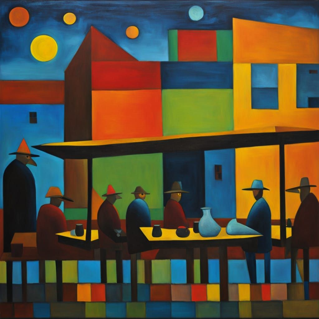 "Nighthawks" in the style of Paul Klee