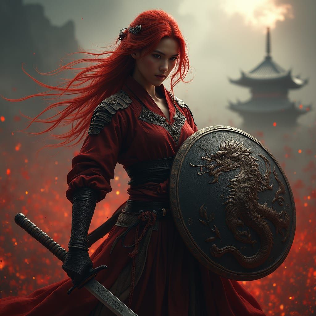 Assassin's Creed Shadows - Red-haired female warrior in the Japanese Feudal Age, radiating ...