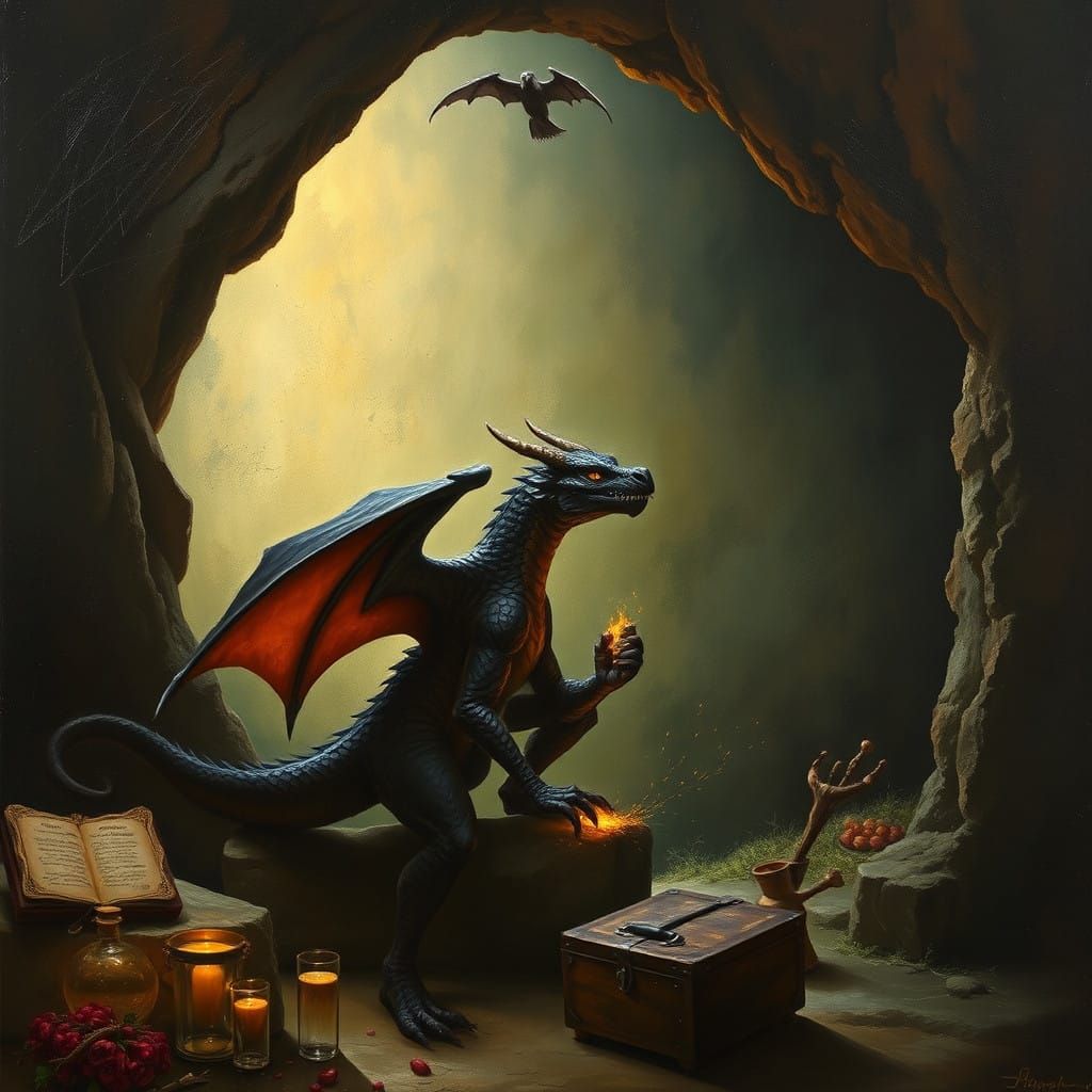 Fantasy CLOAKED Rogue finds DRAGON’S treasure CAVE Oil painting ...