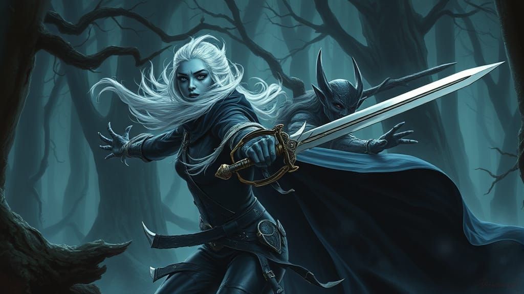 Dark Fantasy Warriors Clash in Ancient Forest - AI Art