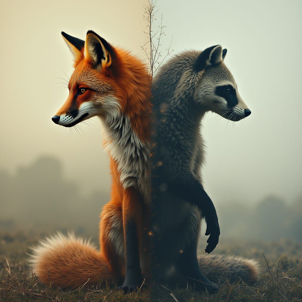 Divine Double Exposure: Fox and Badger Civilizatio... - AI Art