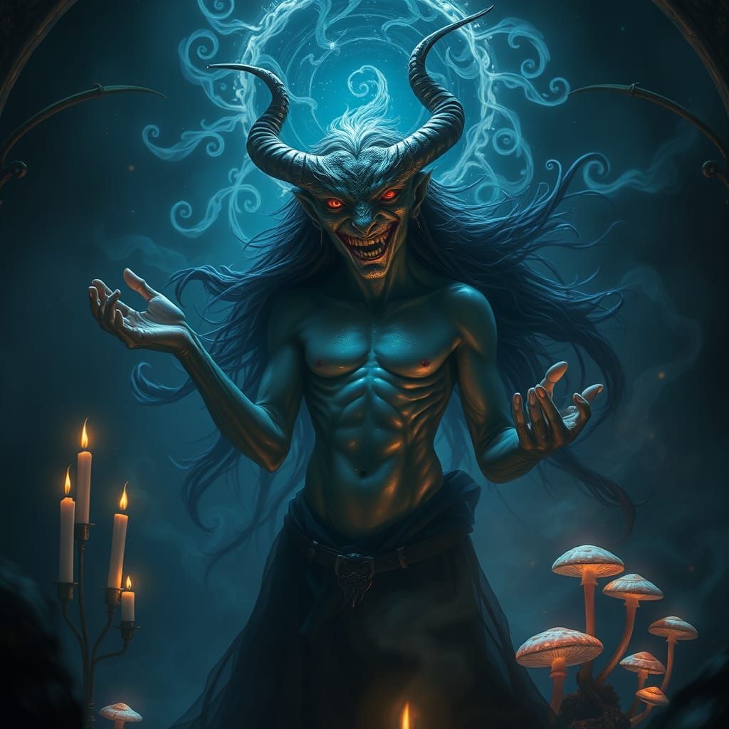 Mystical Half-Demon Deity Invites Dance in Dark Re... - AI Art