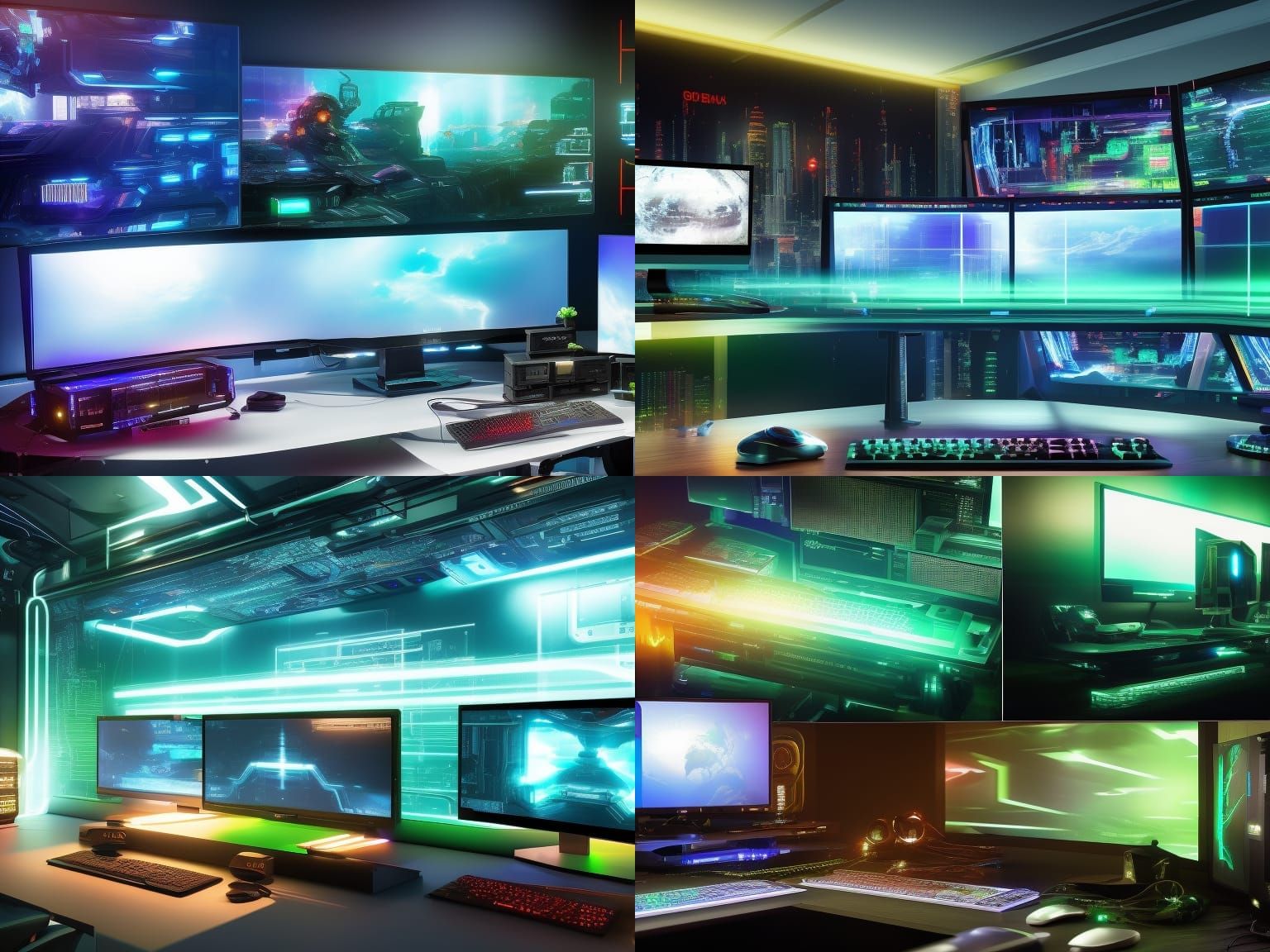 futuristic dual monitor computer gaming setup; in a dark room; computer ...