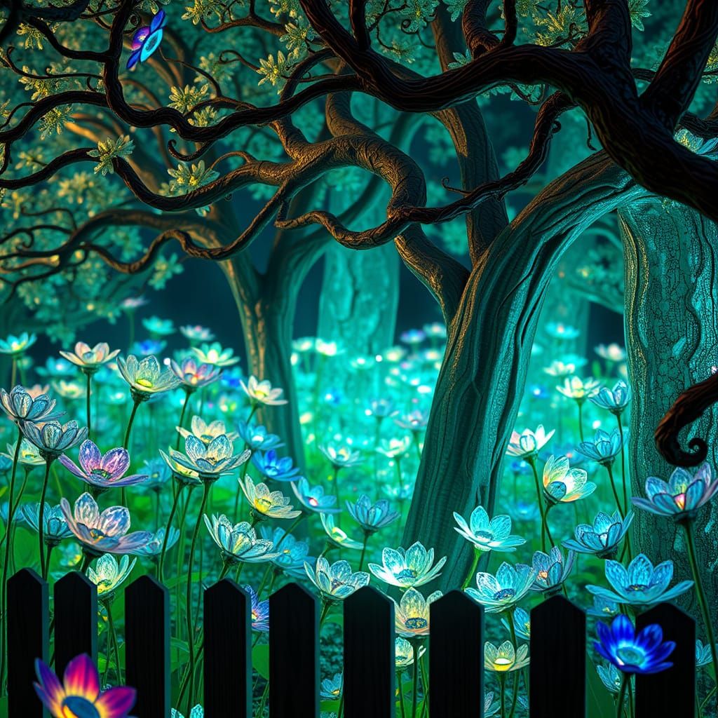 A garden of flowers formed from actual crystals and shiny gems. Trees ...