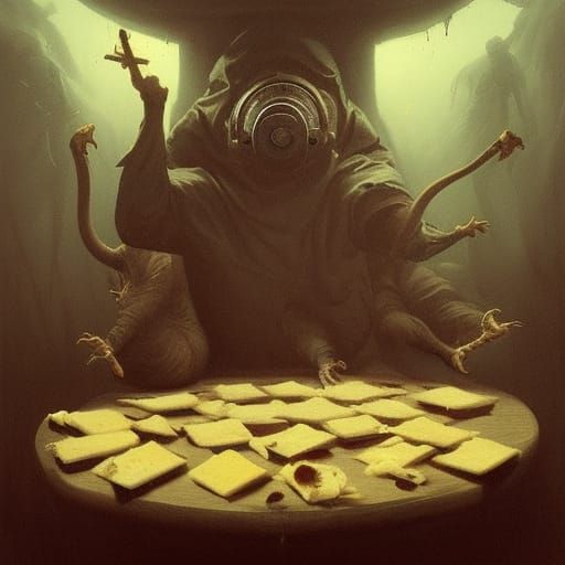 Rats in gas masks devouring mounds of cheese, while worshipping the ...