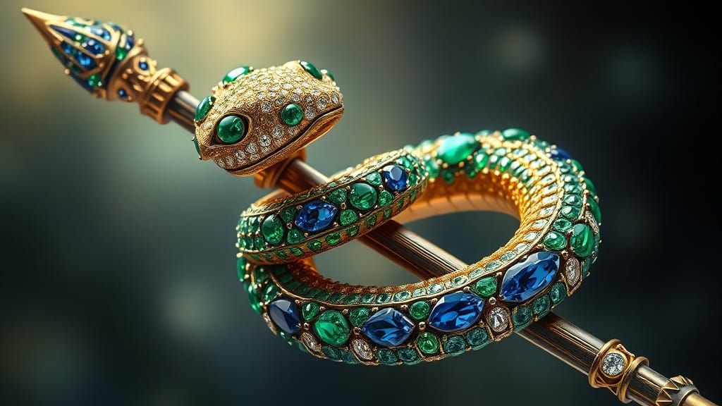 Jeweled Serpent Coils Around Staff in Vibrant Gems... - AI Art
