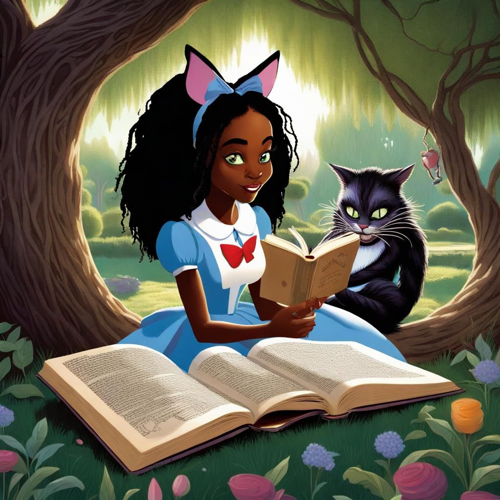 Alice In Wonderland Reads To Her Cheshire Cat. - AI Generated Artwork ...