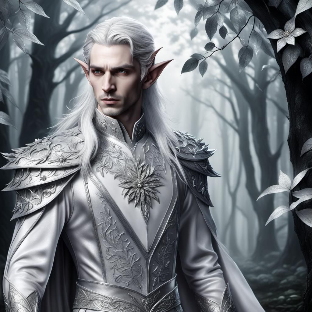 Male elf in white and silver fantasy clothing walking through an ...