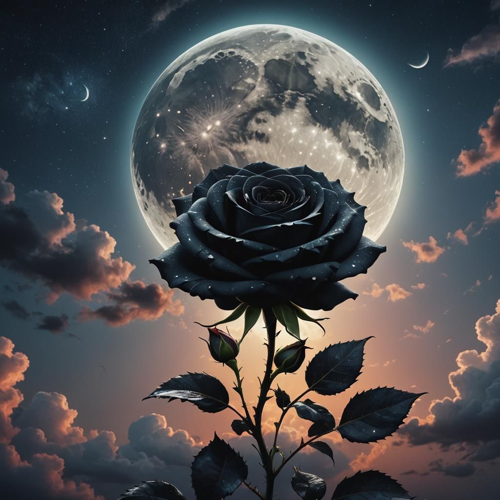 A black rose at night and on the sky a heart shaped moon - AI Generated ...