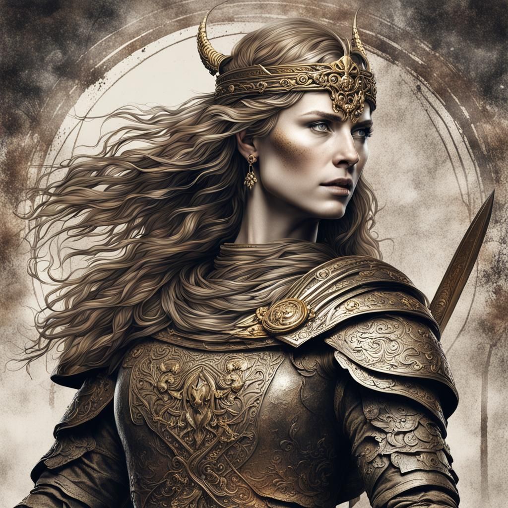 portrait of the warrior Queen Boadicea with a fierce glance in her eyes ...