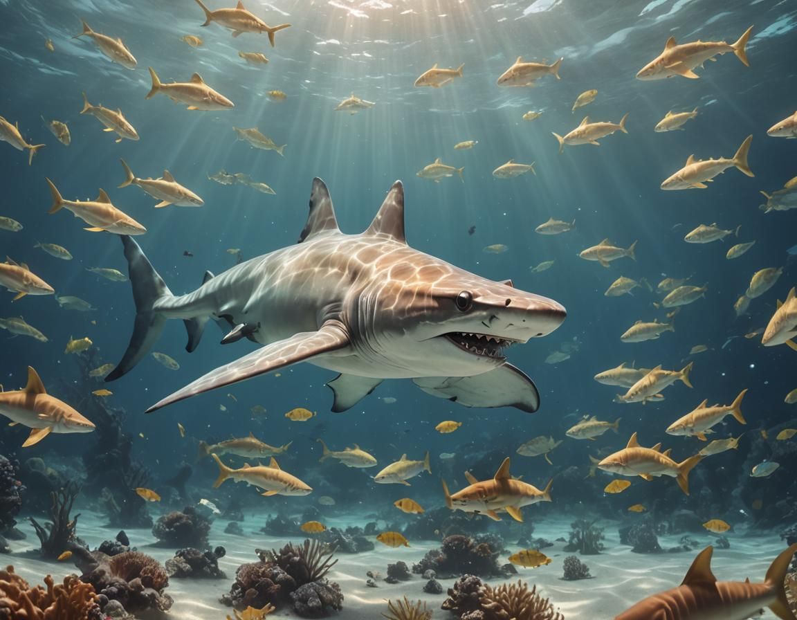 Underwater view of a huge fantastical glowing transparent hammerhead ...