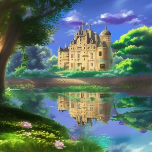 Un château médiéval le reflet du chateau dans l'eau avec une verdure luxuriant 1080hd 4k ...