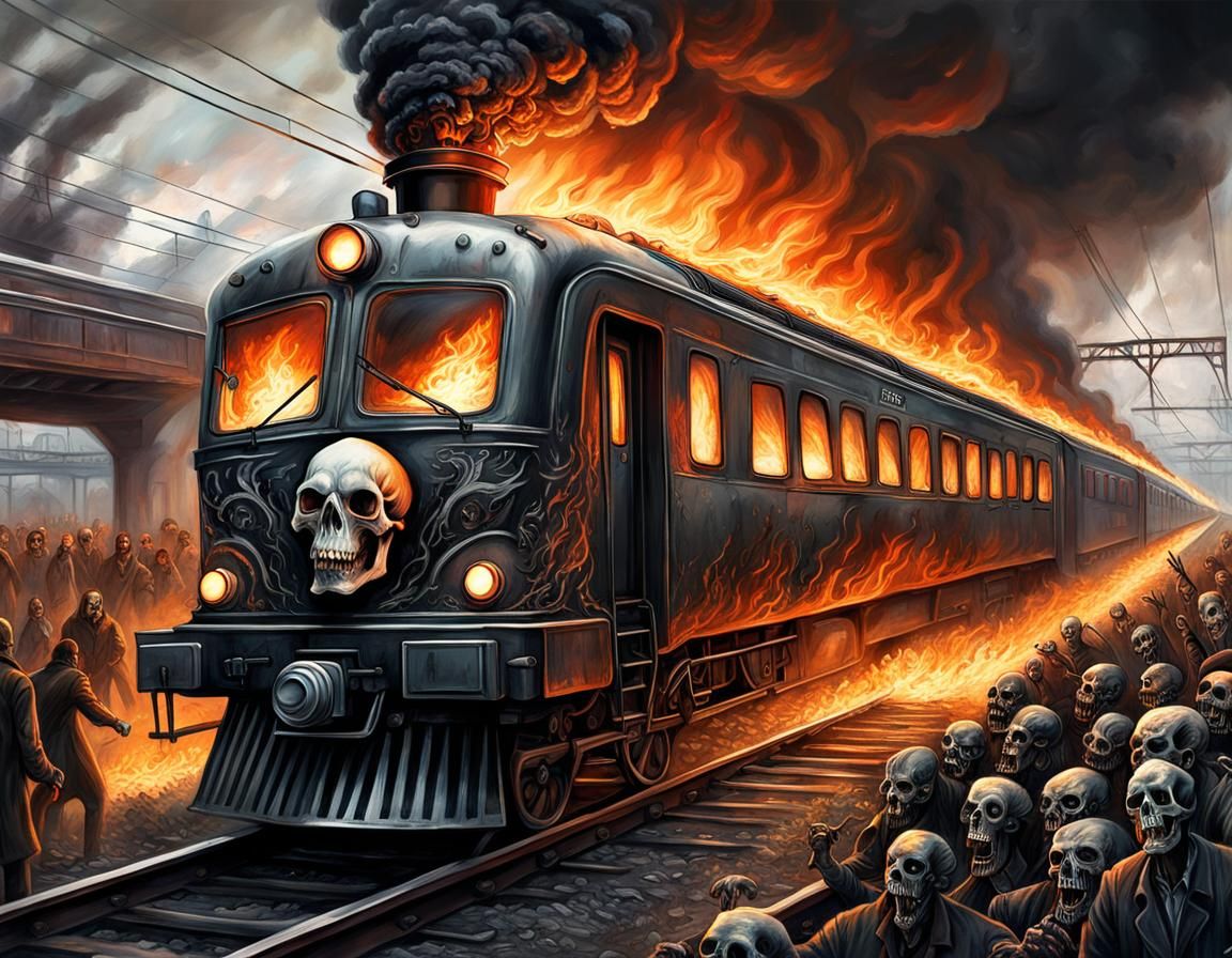 A train is burning with a skull looking forward, in the style of ...