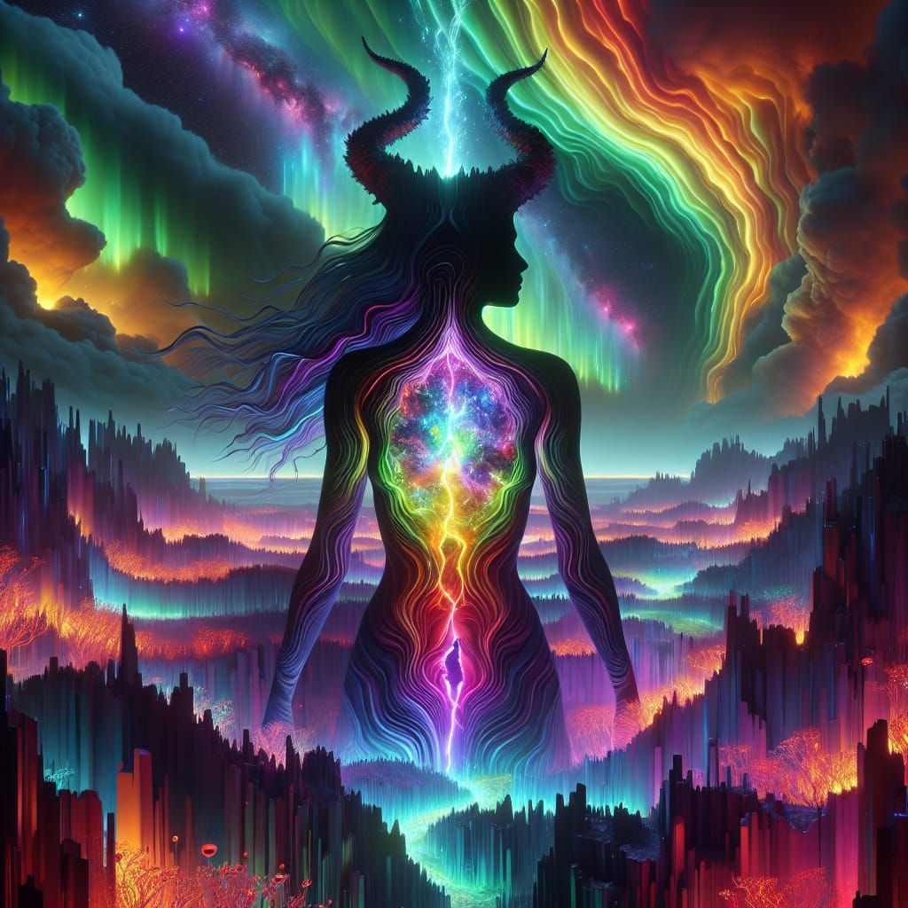 Chiaroscuro. Towering horned woman elf silhouette of swirling ...