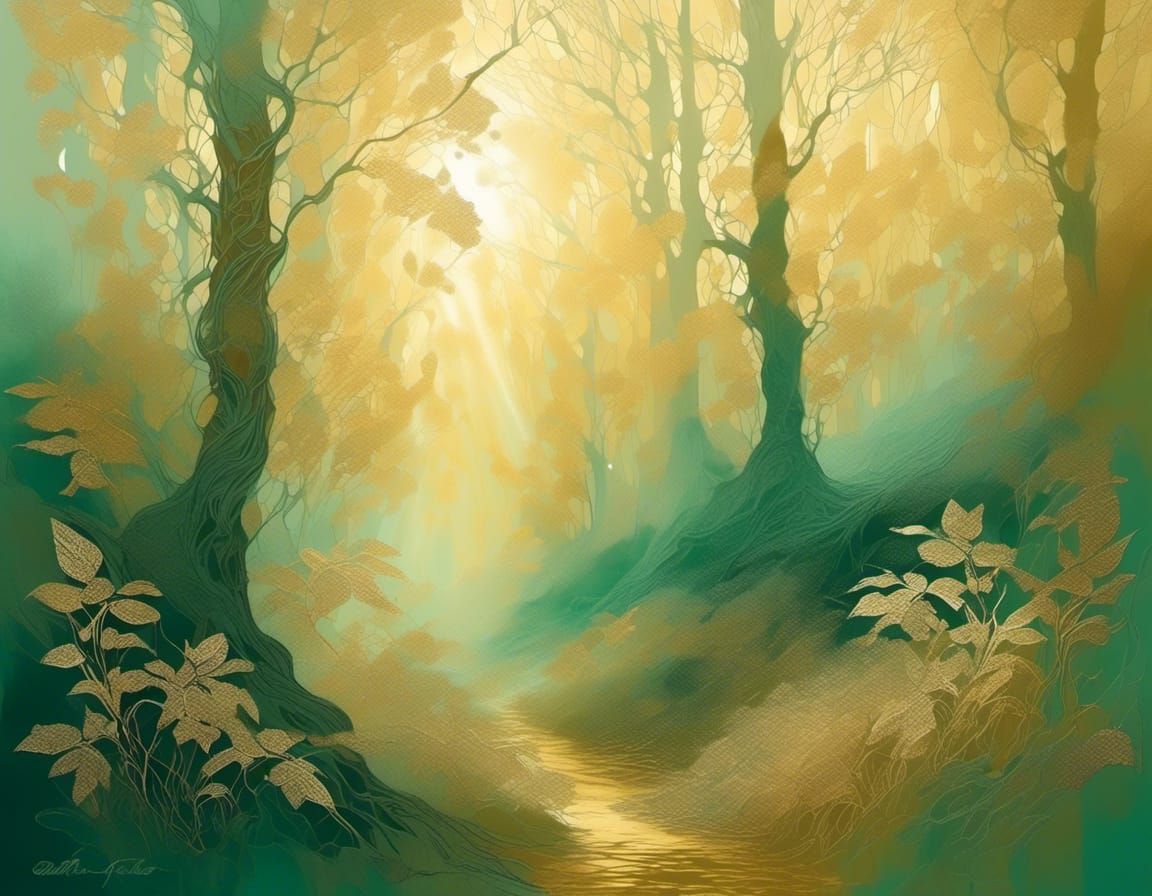 Forest landscape depht of field fairy gold strokes Pastel ethereal ...