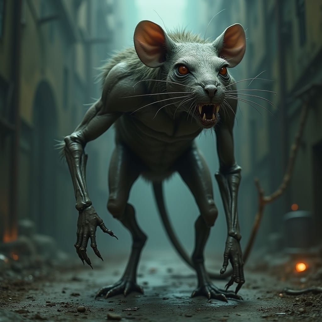 A giant rat, human hand, it has a face and teeth, walking upright ...