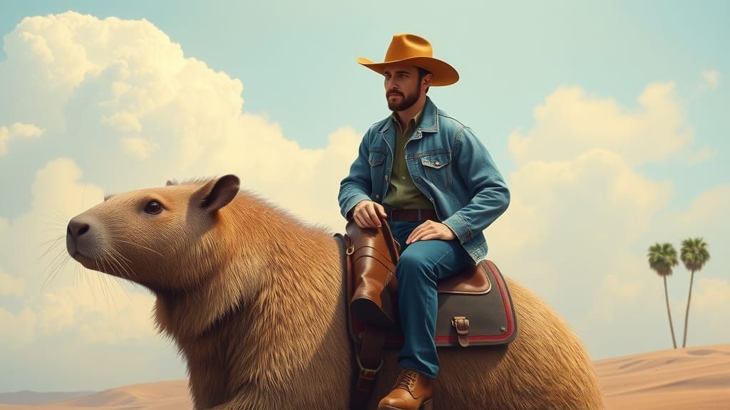 Man Rides Capybara in Dreamlike Landscape, in Surr... - AI Art