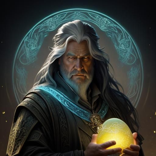 Ancient wizard holds large bioluminescent egg with baby dragon hatching ...
