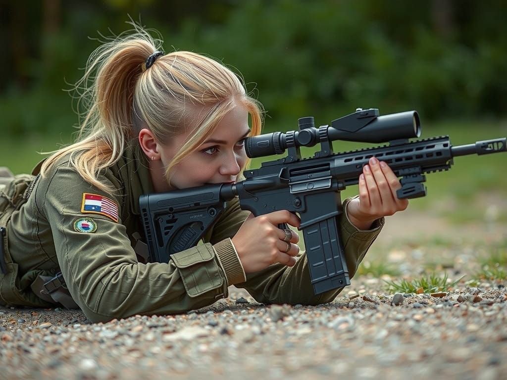A skilled female soldier in a military-inspired outfit