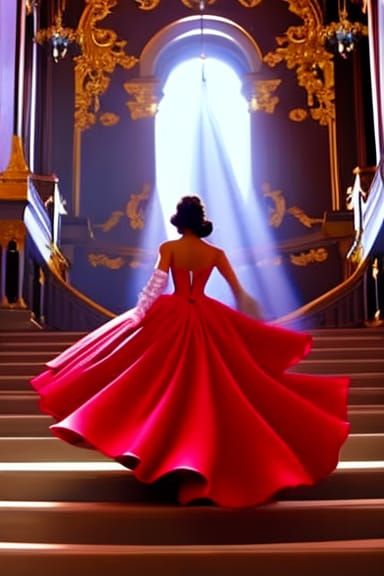 Cinderella running down the castle stairs in a BEAUTIFUL BLUE BALLROOM ...