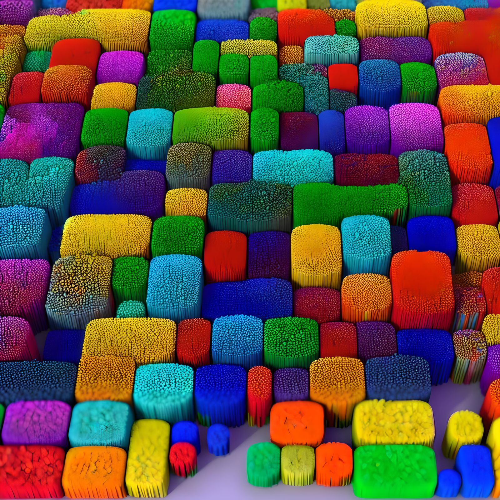Top down view of thousands of tiny objects of random shapes, colors ...