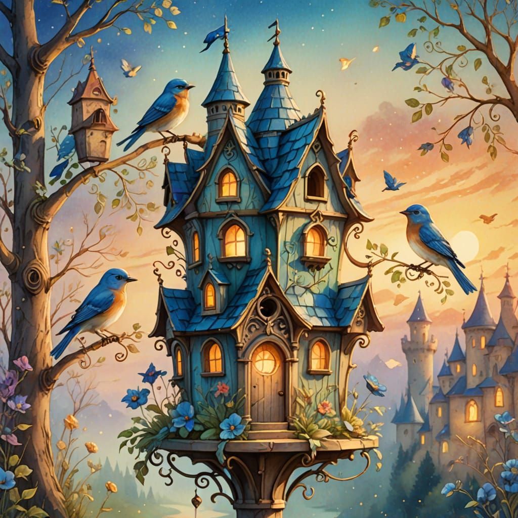 A castle birdhouse in an enchanted forest.
