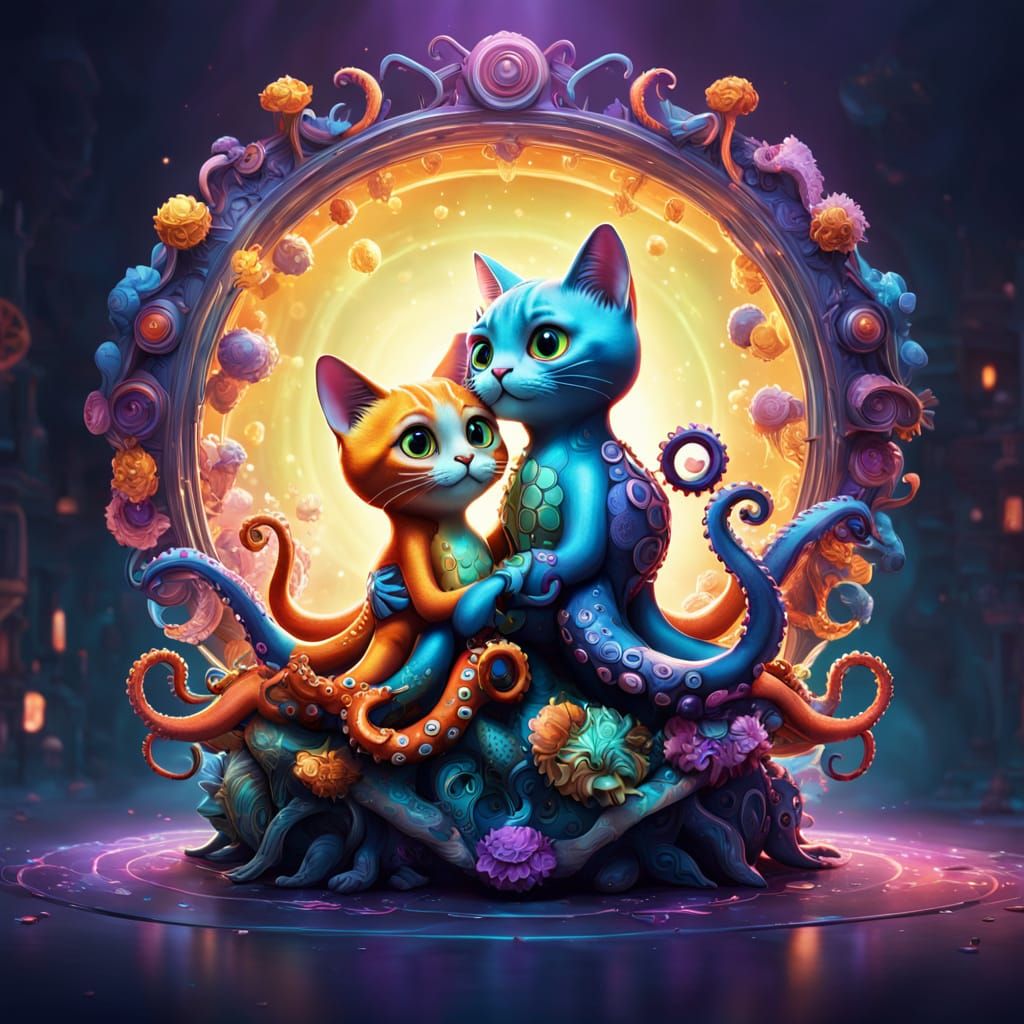 Loving Octopus Cat Couple in Vibrant Cartoon Style - AI Art