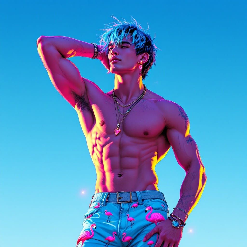 Blue Boy 250321 - Chiseled Gay Male in Neon Retro Aesthetic