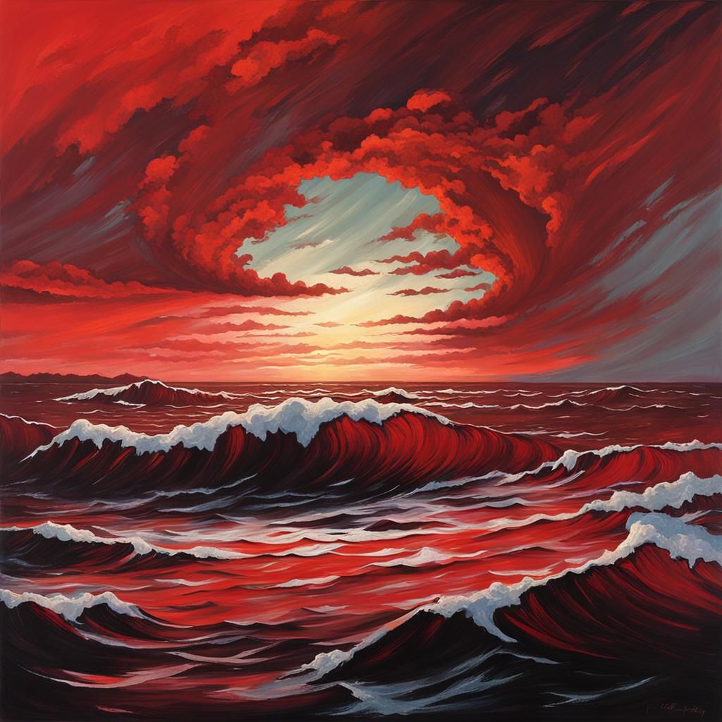 Ocean Waves, red sky - AI Generated Artwork - NightCafe Creator