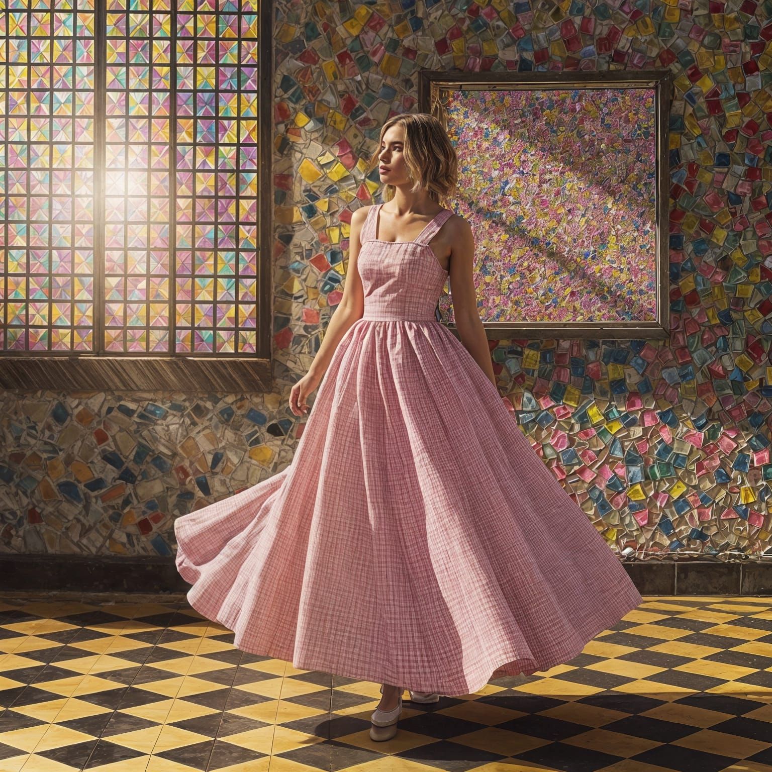 Gingham universe, woman dressed in pink gingham, ground with large ...