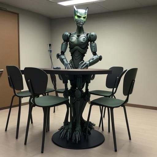 A sandy tan sixteen-foot humanoid robot with four arms leans back in a ...