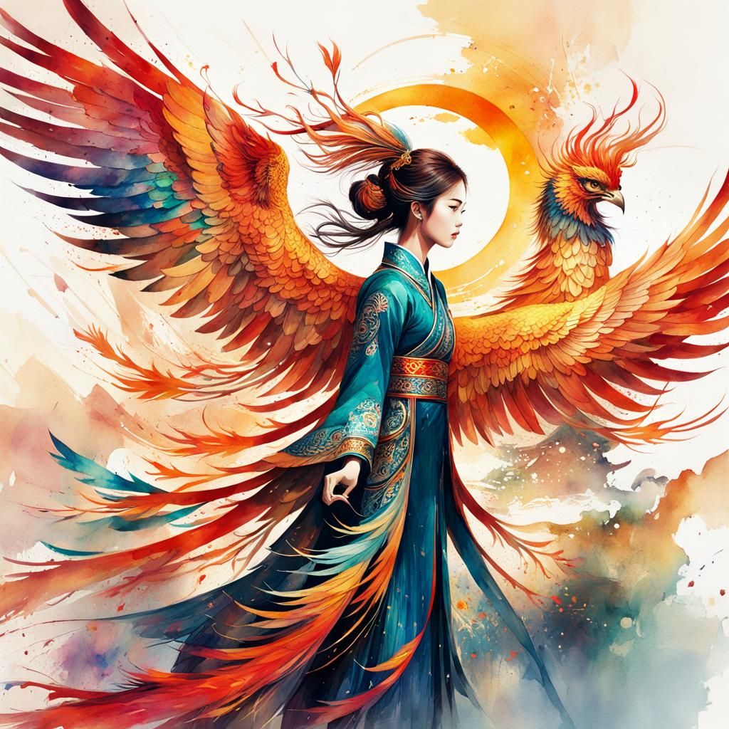 Chinese Phoenix, Digital watercolor Illustration, by Waterhouse, Carne ...